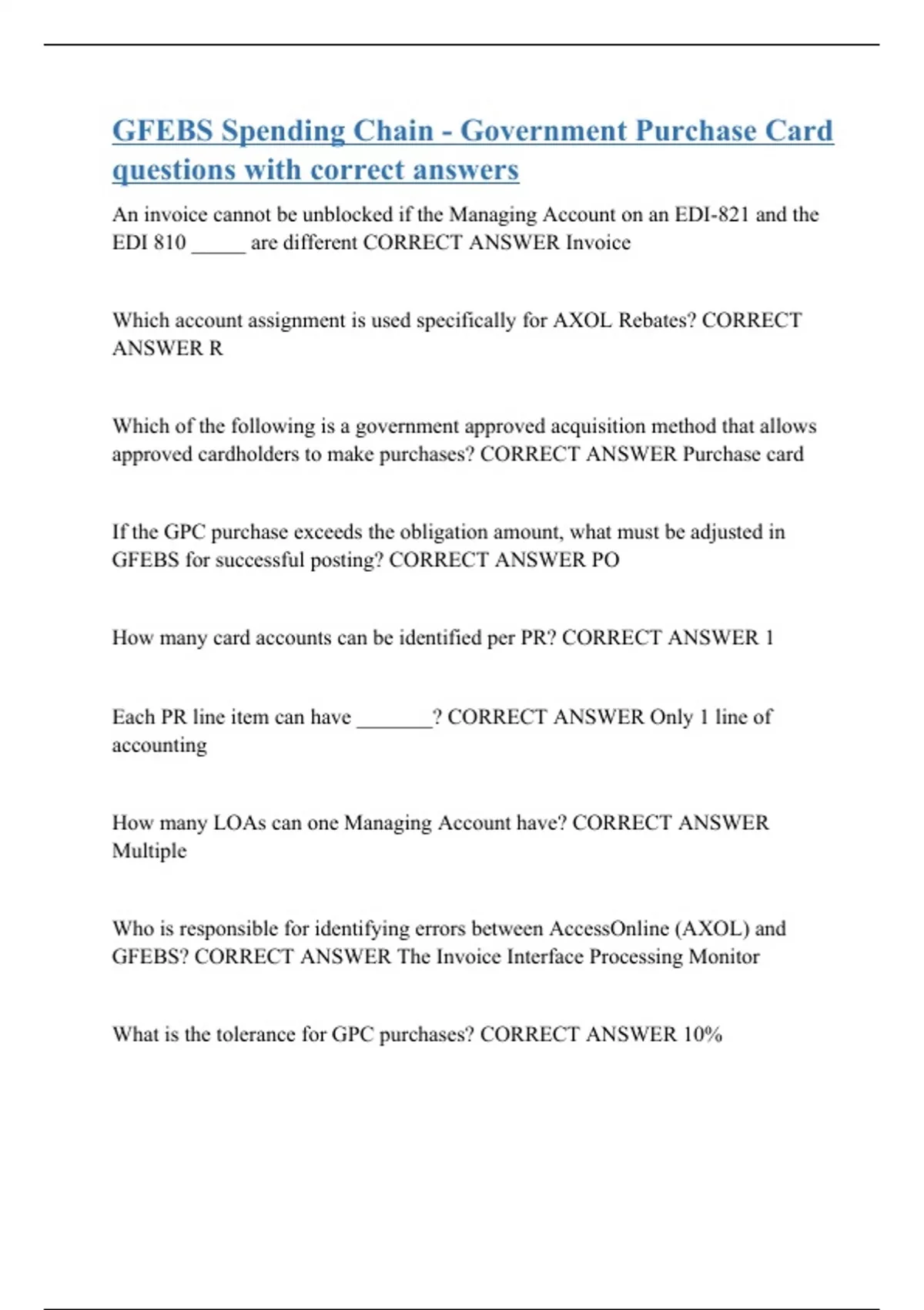 GFEBS Spending Chain - Government Purchase Card questions with correct ...