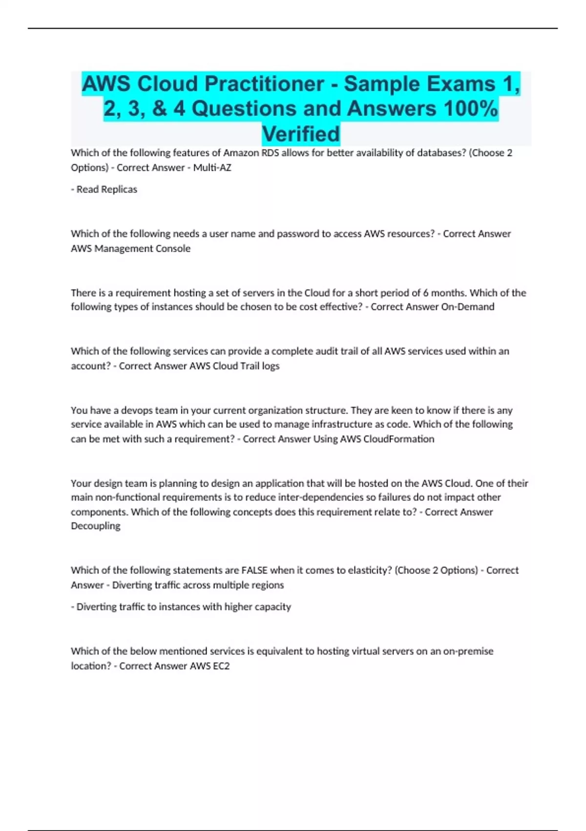 AWS Cloud Practitioner - Sample Exams 1, 2, 3, & 4 Questions and Answers 100% Verified - AWS ...