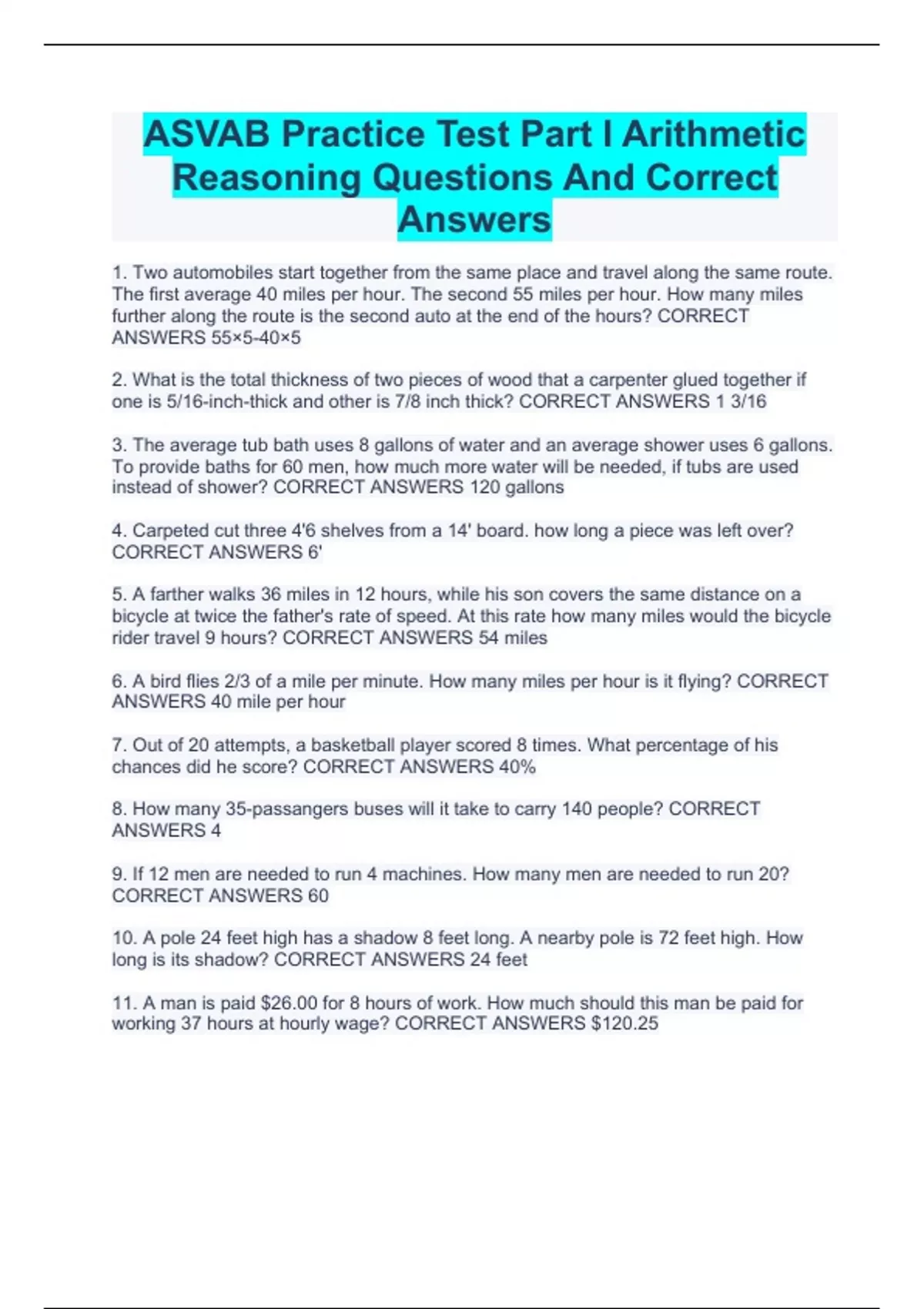 ASVAB Practice Test Part I Arithmetic Reasoning Questions And Correct ...