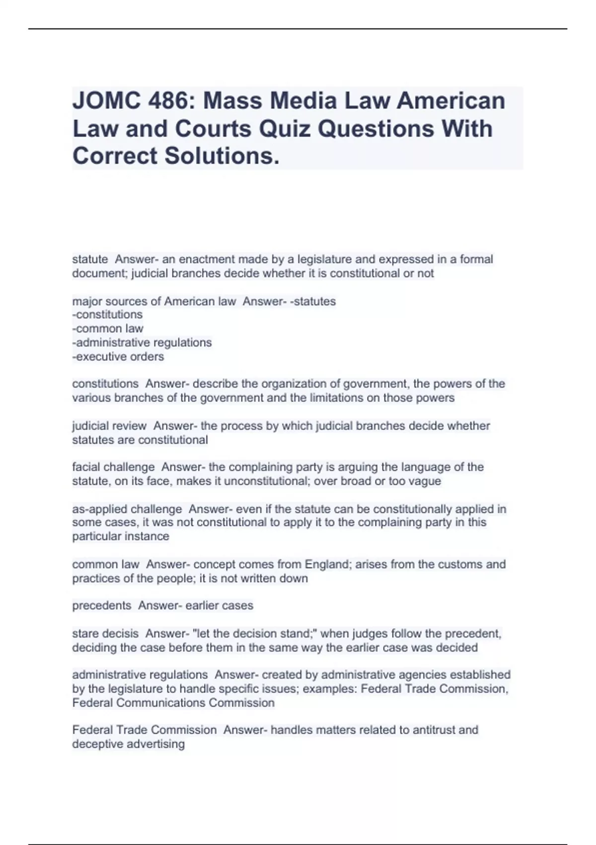 JOMC 486: Mass Media Law American Law and Courts Quiz Questions With ...