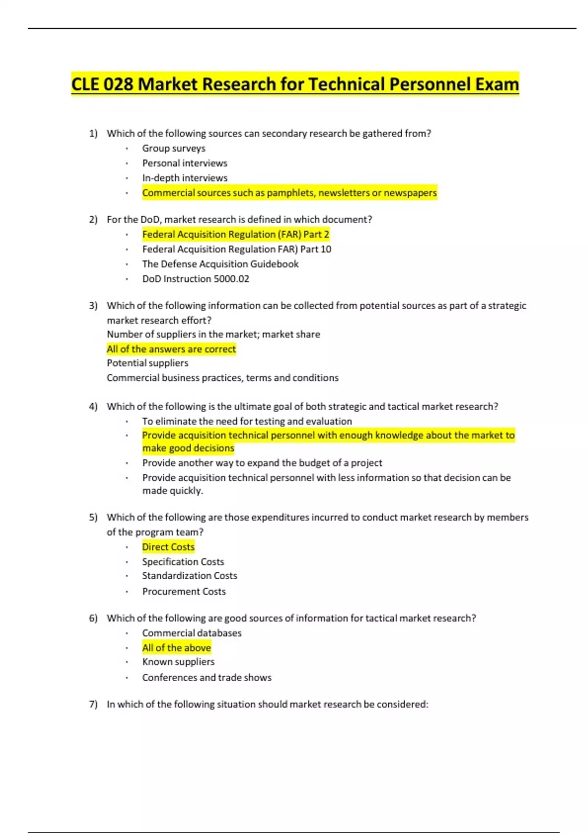 CLE 028 Market Research for Technical Personnel Exam Answered - CL - Stuvia US