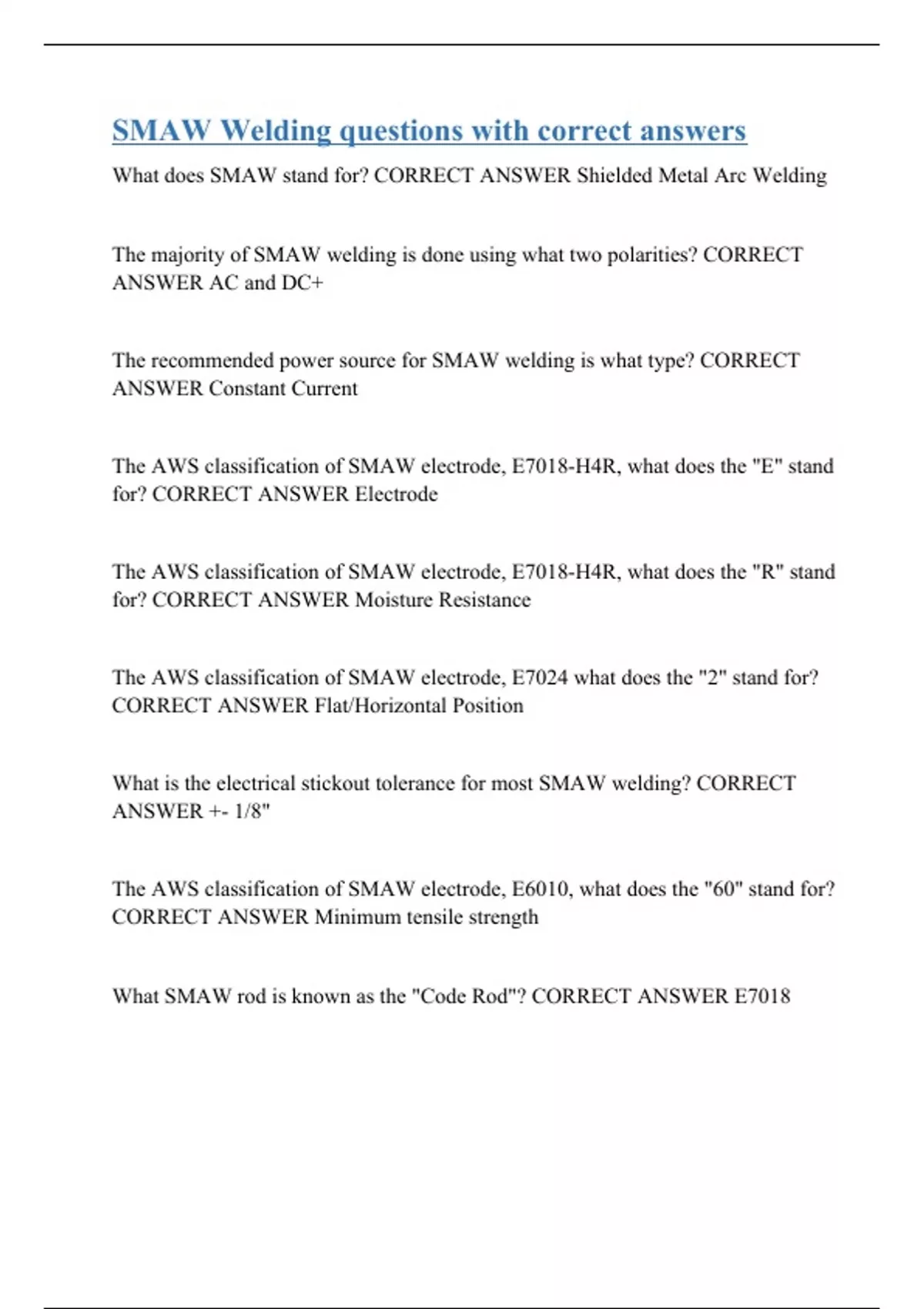 SMAW Welding questions with correct answers - SMAW - Stuvia US