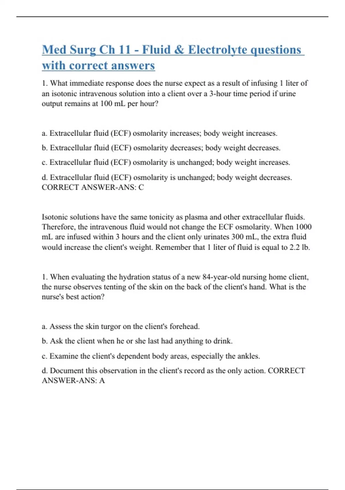 Med Surg Ch 11 - Fluid & Electrolyte questions with correct answers ...