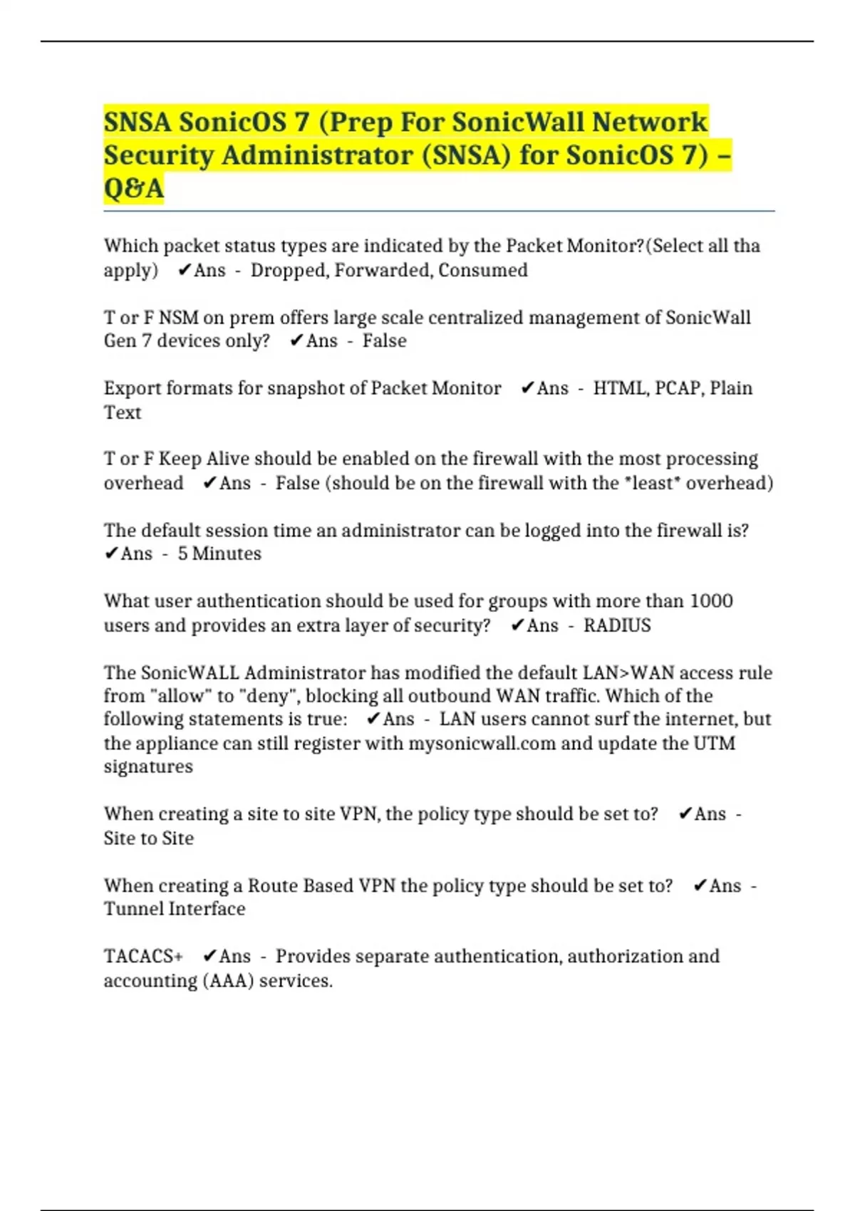 SNSA SonicOS 7 (Prep For SonicWall Network Security Administrator (SNSA) for SonicOS 7) – Q&A ...