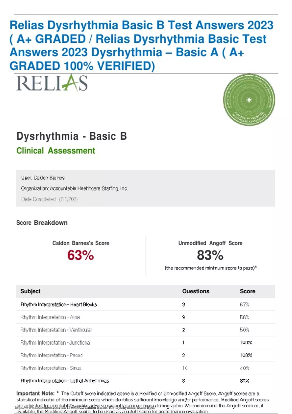 Relias Dysrhythmia Basic B Test Answers 2023 ( A+ GRADED / Relias ...