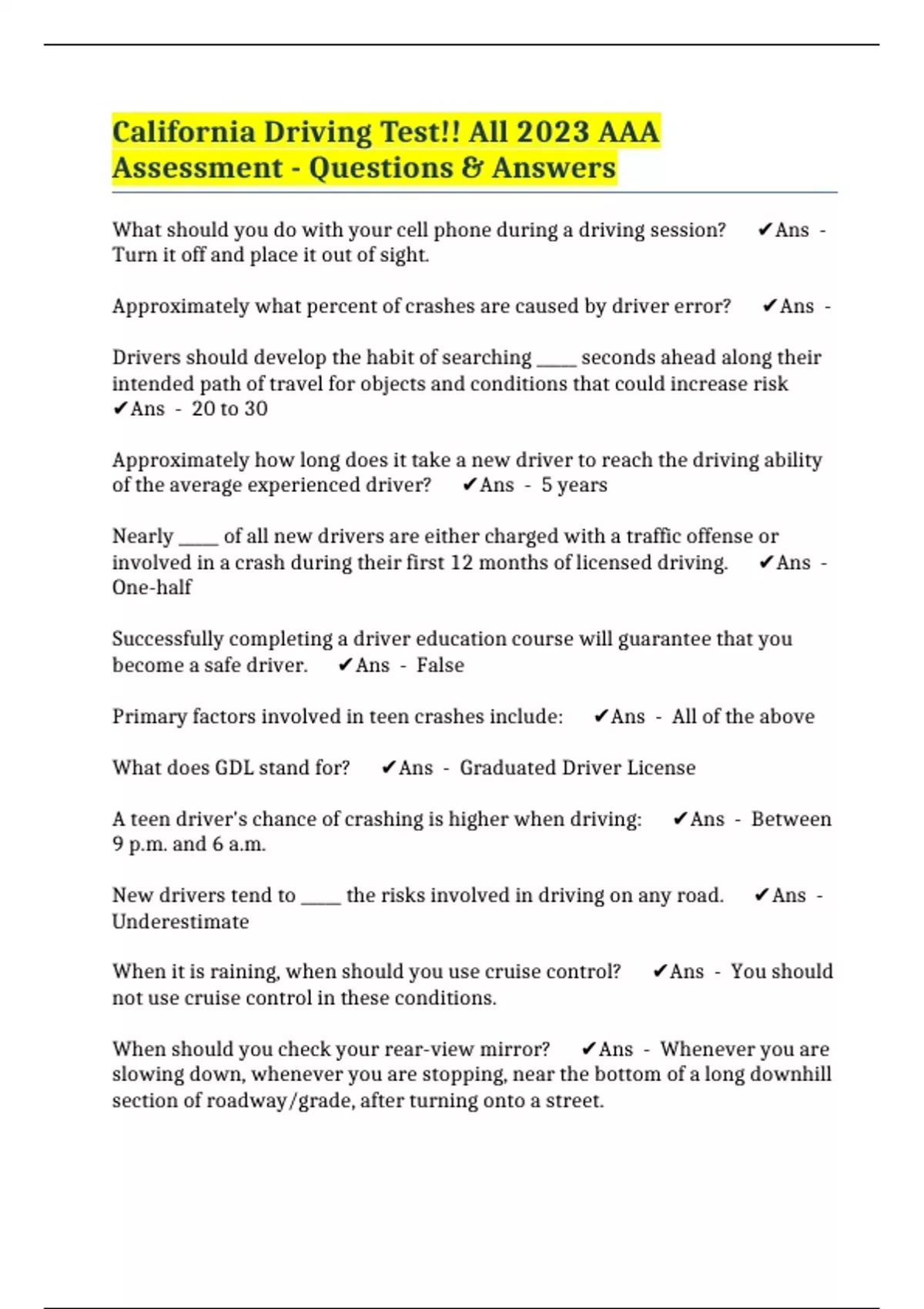 California Driving Test!! All 2023 AAA Assessment - Questions & Answers ...