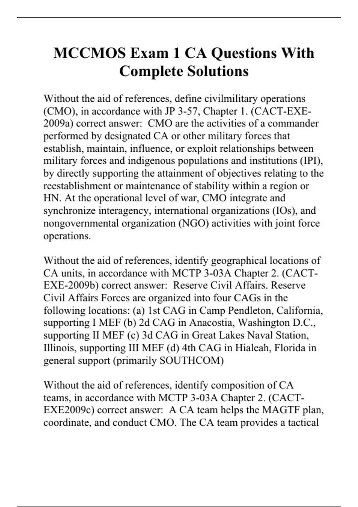 MCCMOS Exam 1 CA Questions With Complete Solutions - MCCMOS - Stuvia US