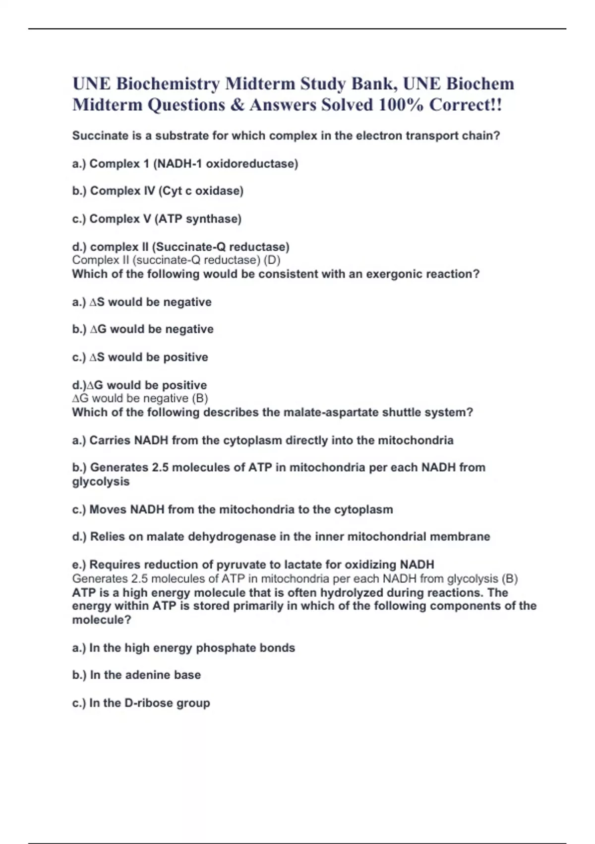 UNE Biochemistry Midterm Study Bank, UNE Biochem Midterm Questions & Answers Solved 100% Correct ...