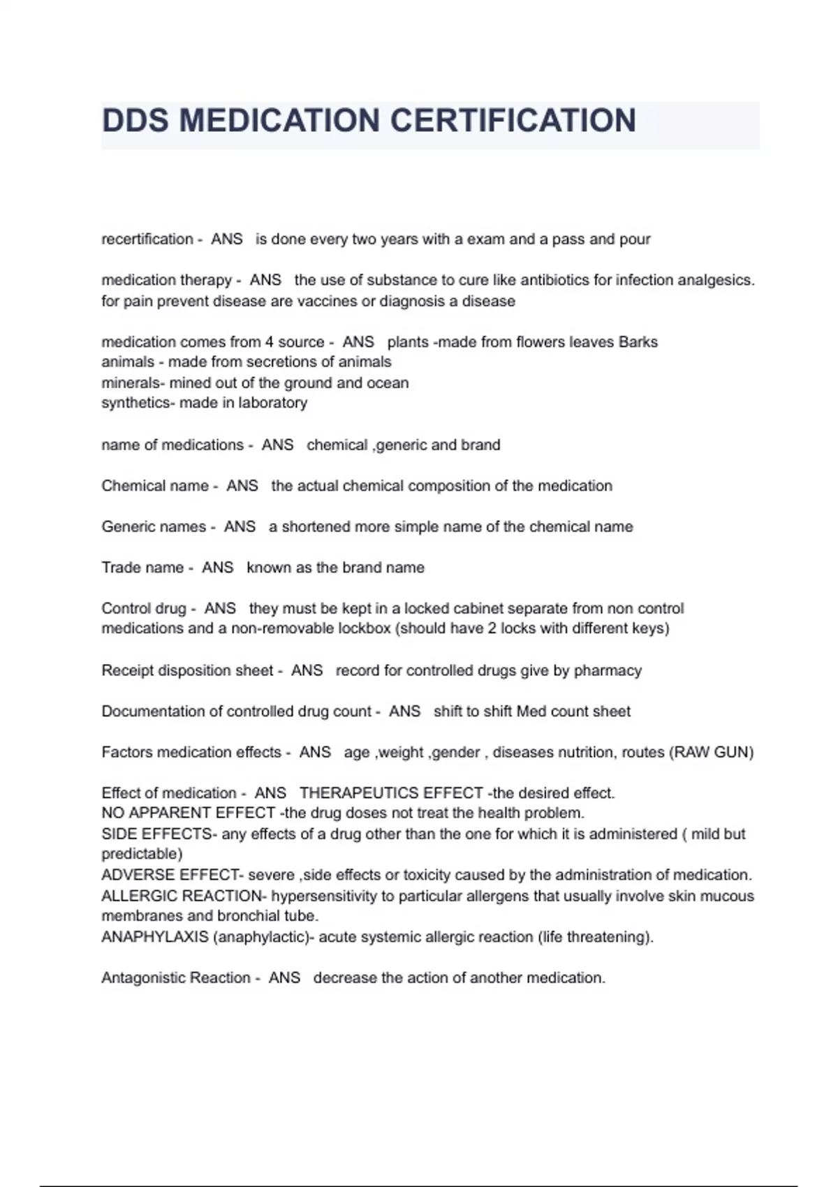 DDS MEDICATION CERTIFICATION EXAM QUESTIONS AND ANSWERS - CT DDS ...