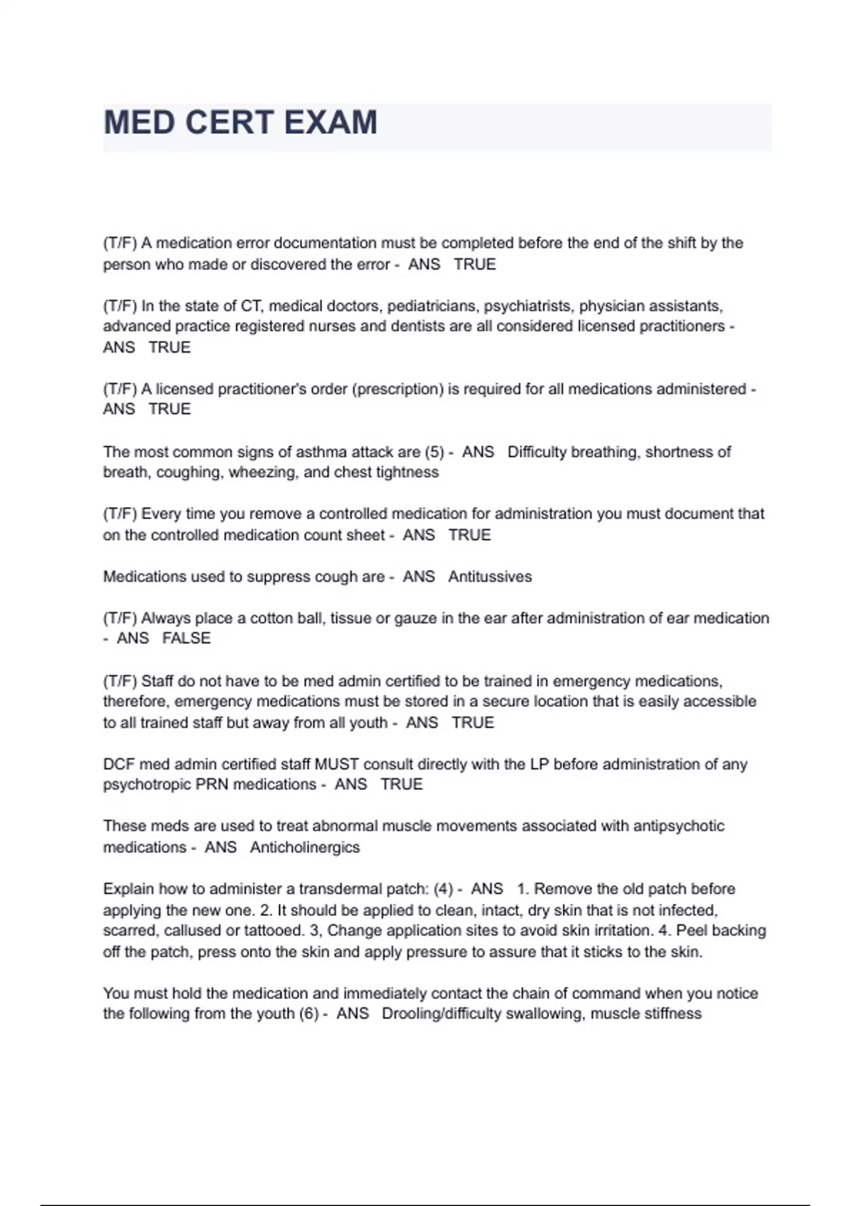 MED CERT EXAM QUESTIONS AND ANSWERS ALL CORRECT - CT DDS - Stuvia US
