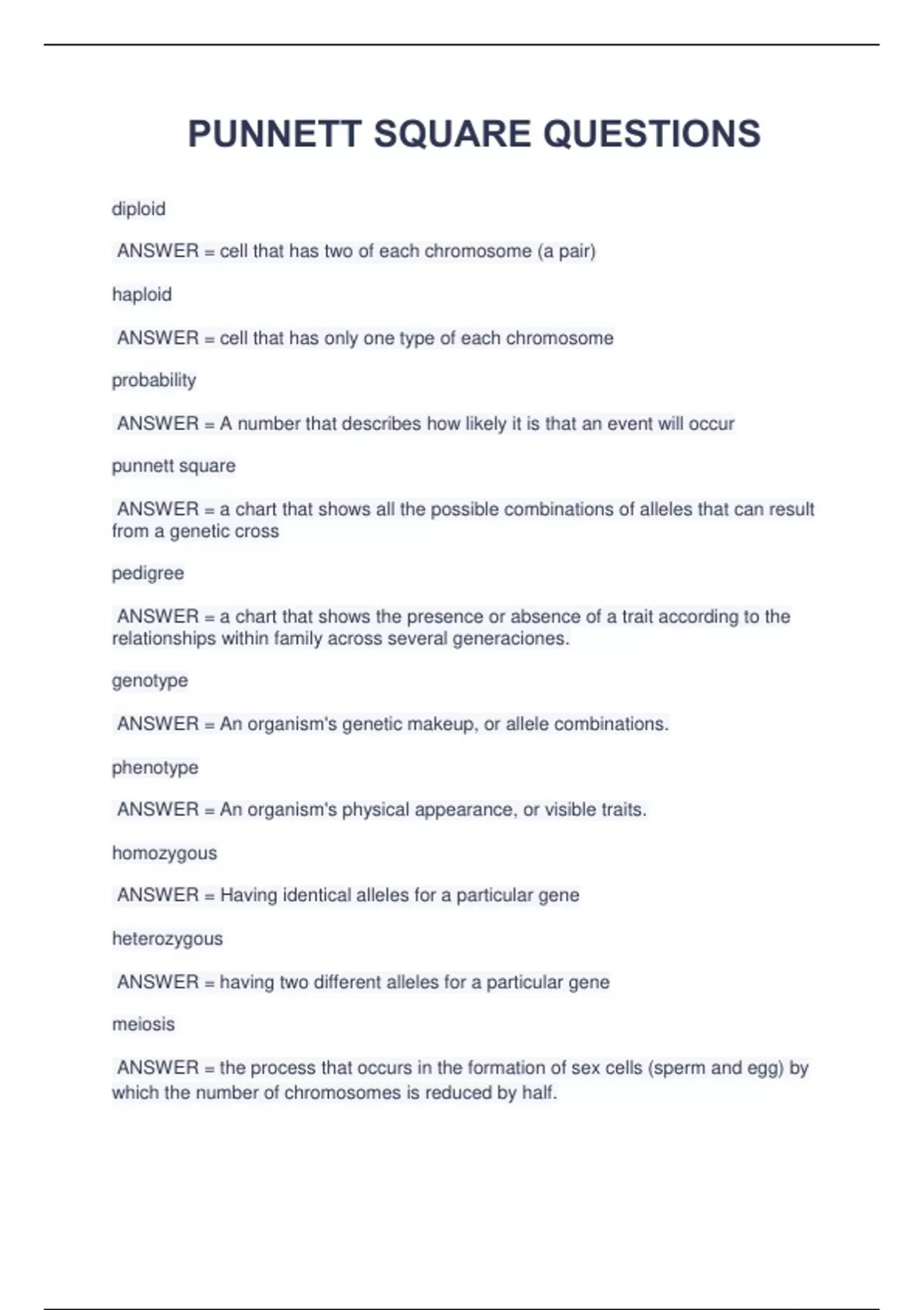 PUNNETT SQUARE QUESTIONS AND ANSWERS - PUNNETT SQUARE - Stuvia US