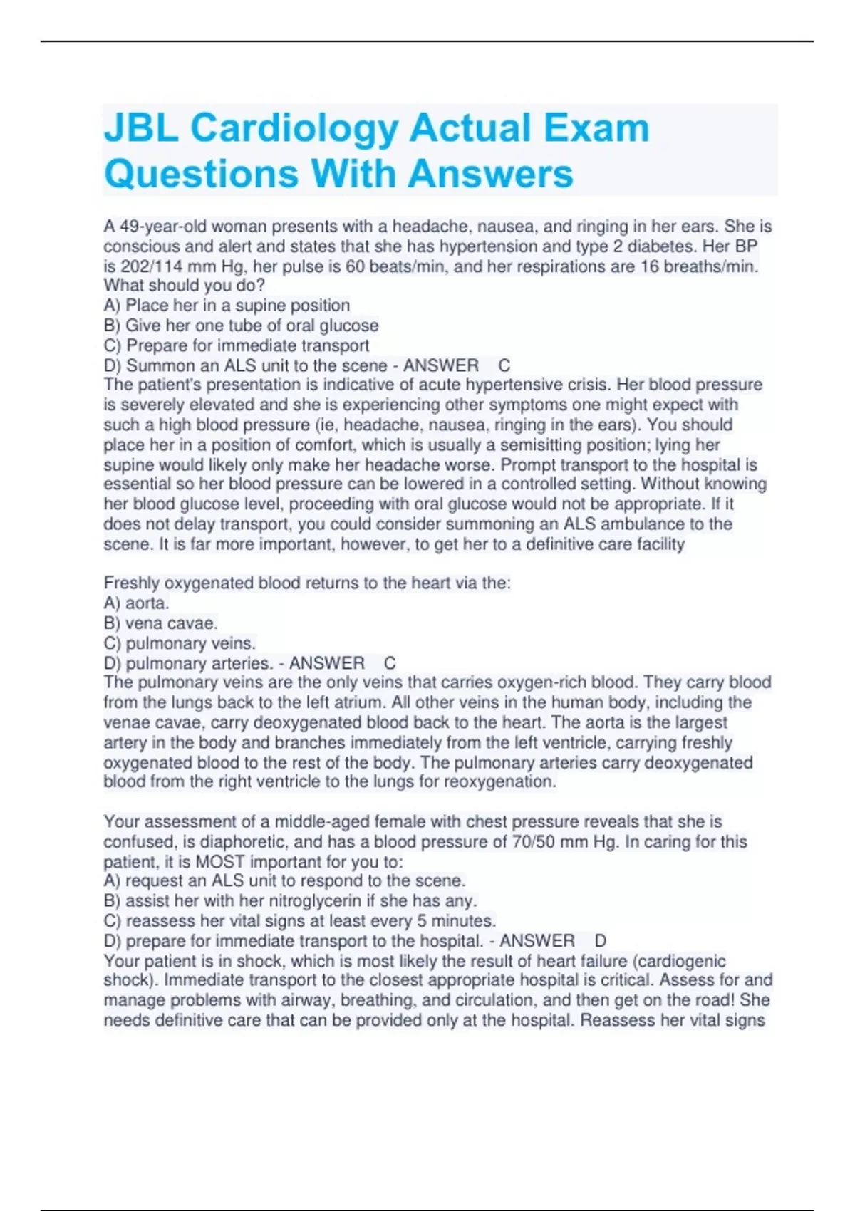 JBL Cardiology Actual Exam Questions With Answers - JBL - Stuvia US