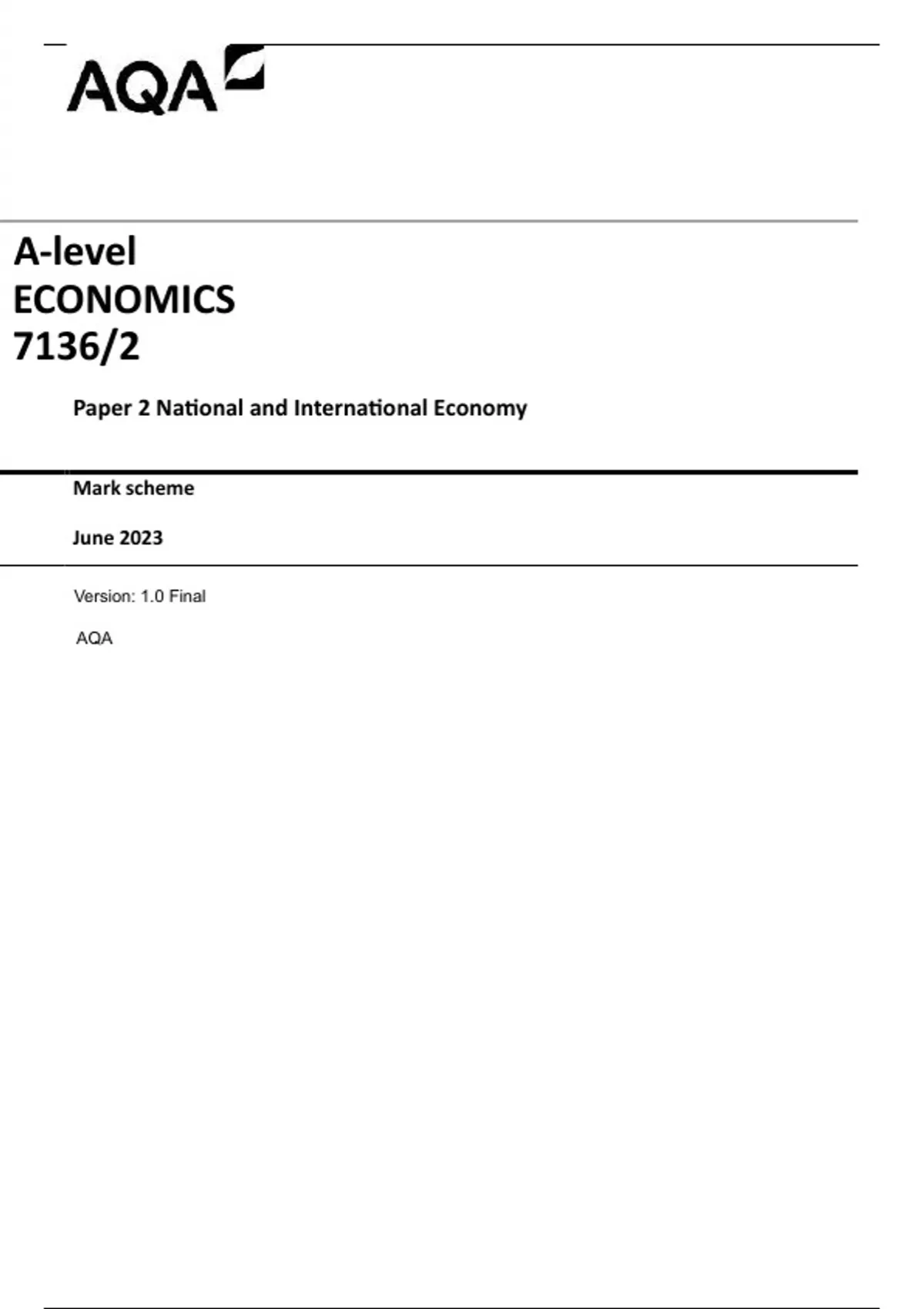 AQA A-level ECONOMICS 7136/2 Paper 2 National and International Economy ...
