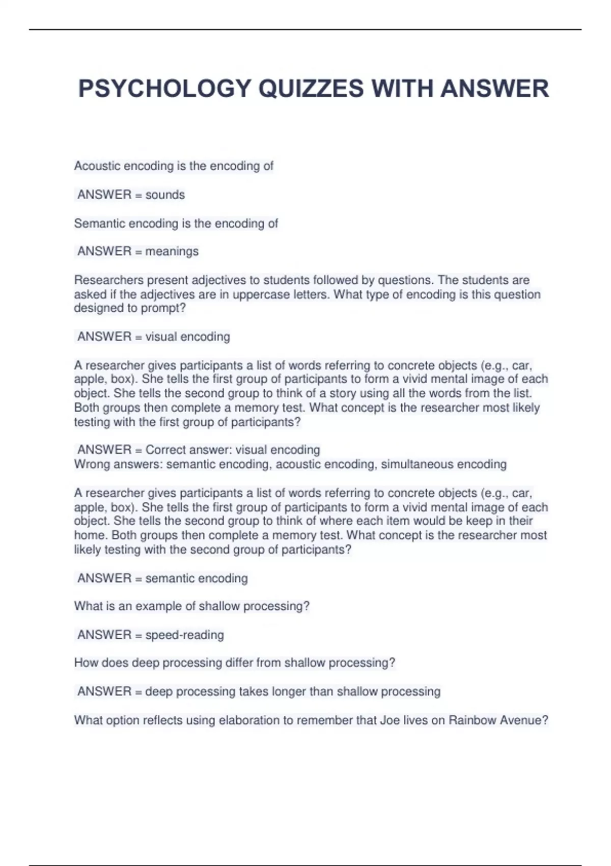 PSYCHOLOGY QUIZZES WITH ANSWER 2024 VERSION 1 - PSYCHOLOGY - Stuvia US