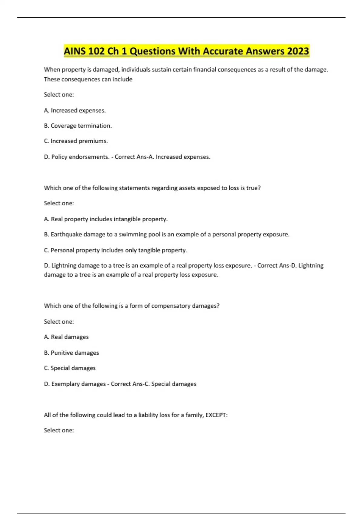 AINS 102 UPDATED PT 1 Questions & Answers , AINS 102- Understanding ...