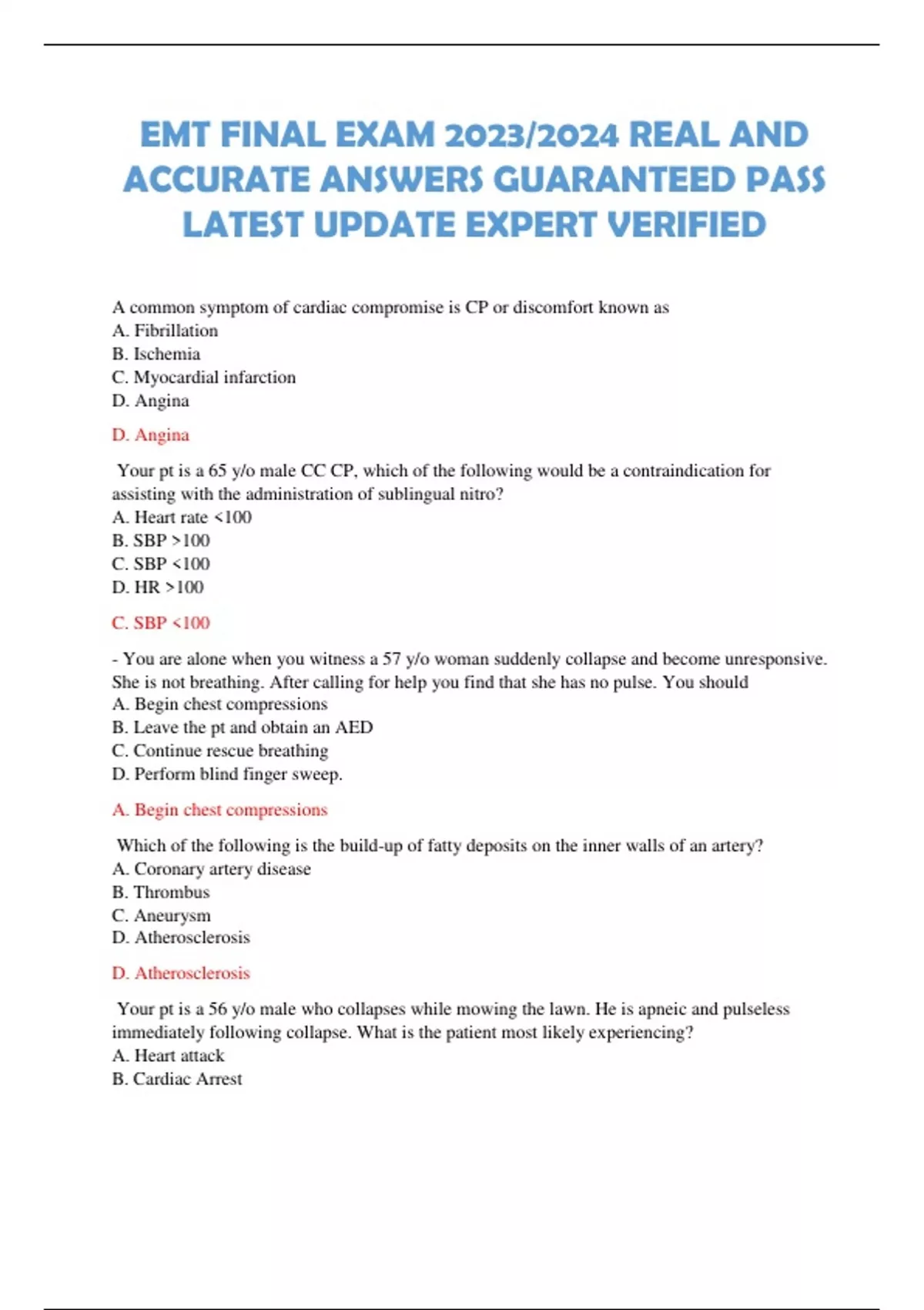 Emt Final Exam 2023 2024 Real And Accurate Answers Guaranteed Pass Latest Update Expert Verified