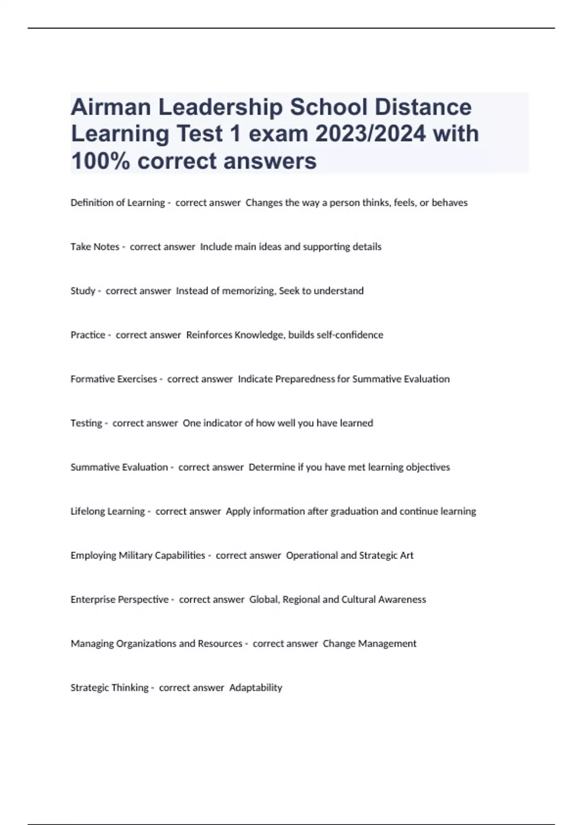 Airman Leadership School Distance Learning Test 1 exam 2023/2024 with ...