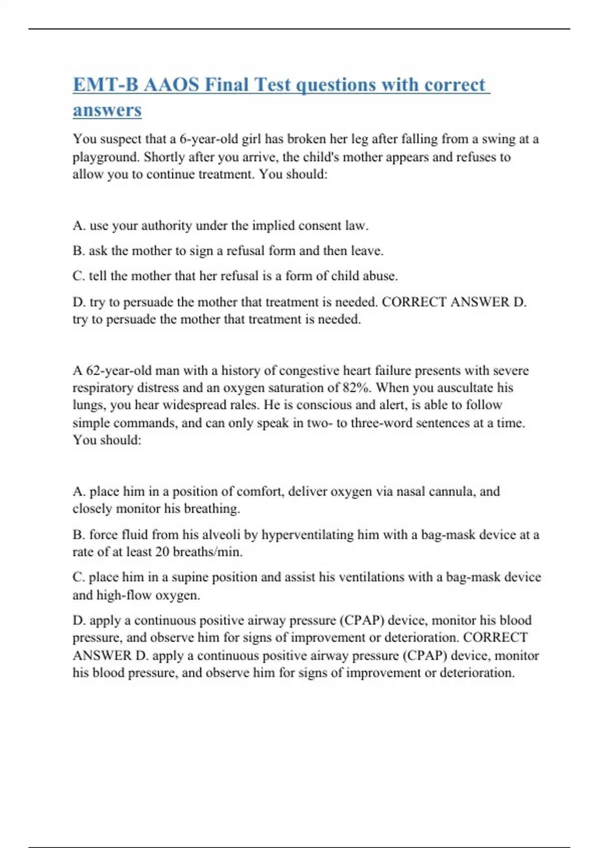 EMT-B AAOS Final Test questions with correct answers - EMT-B AAOS ...