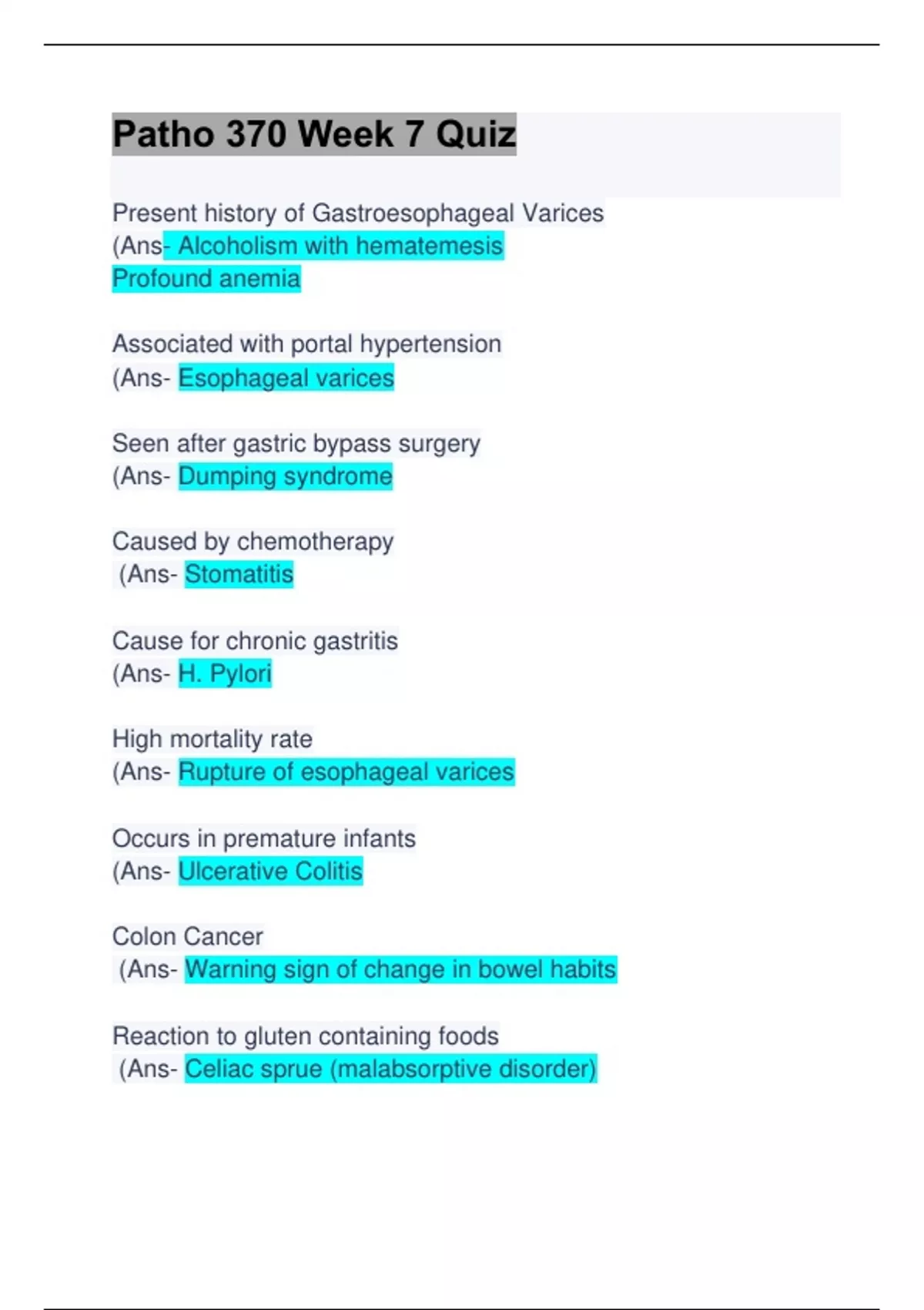 Patho 370 Week 7 Quiz: Updated A+ Score Guide - Patho 370 - Stuvia US