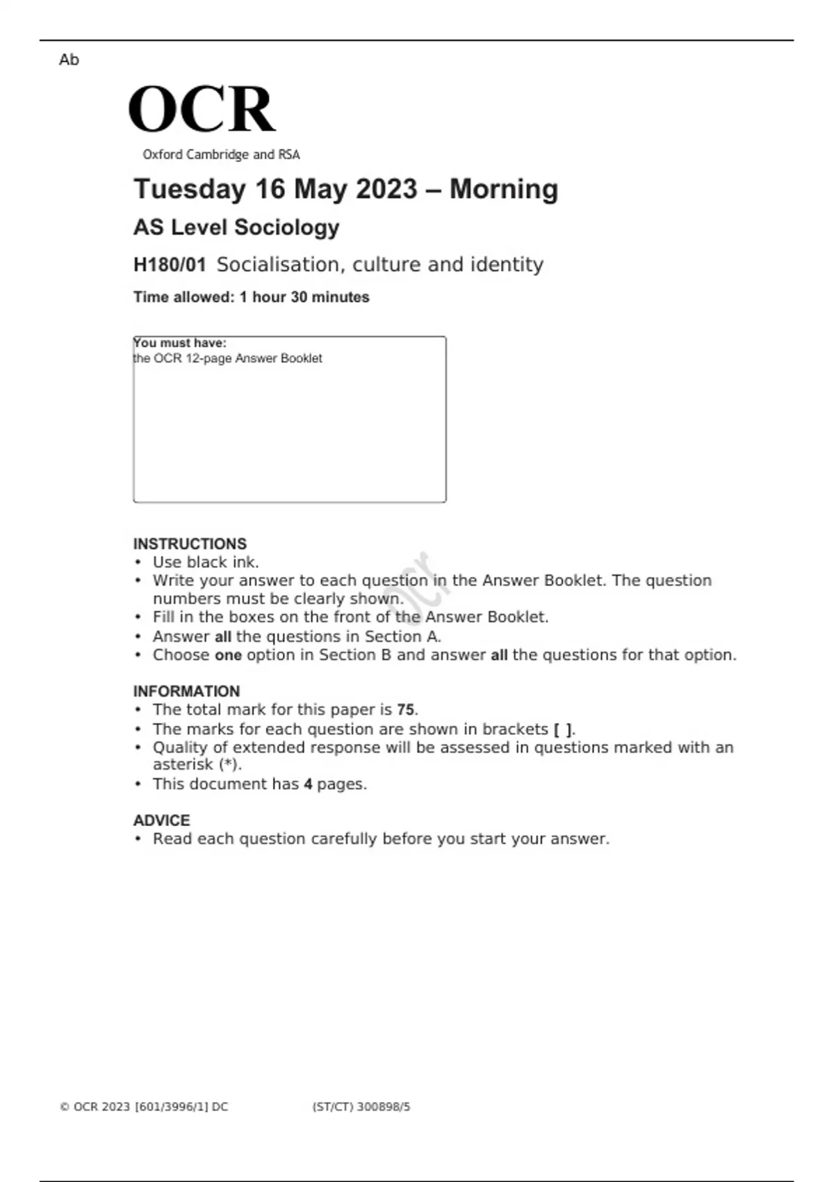 OCR AS Level Sociology H180/01 JUNE 2023 QUESTION PAPER: Socialisation ...