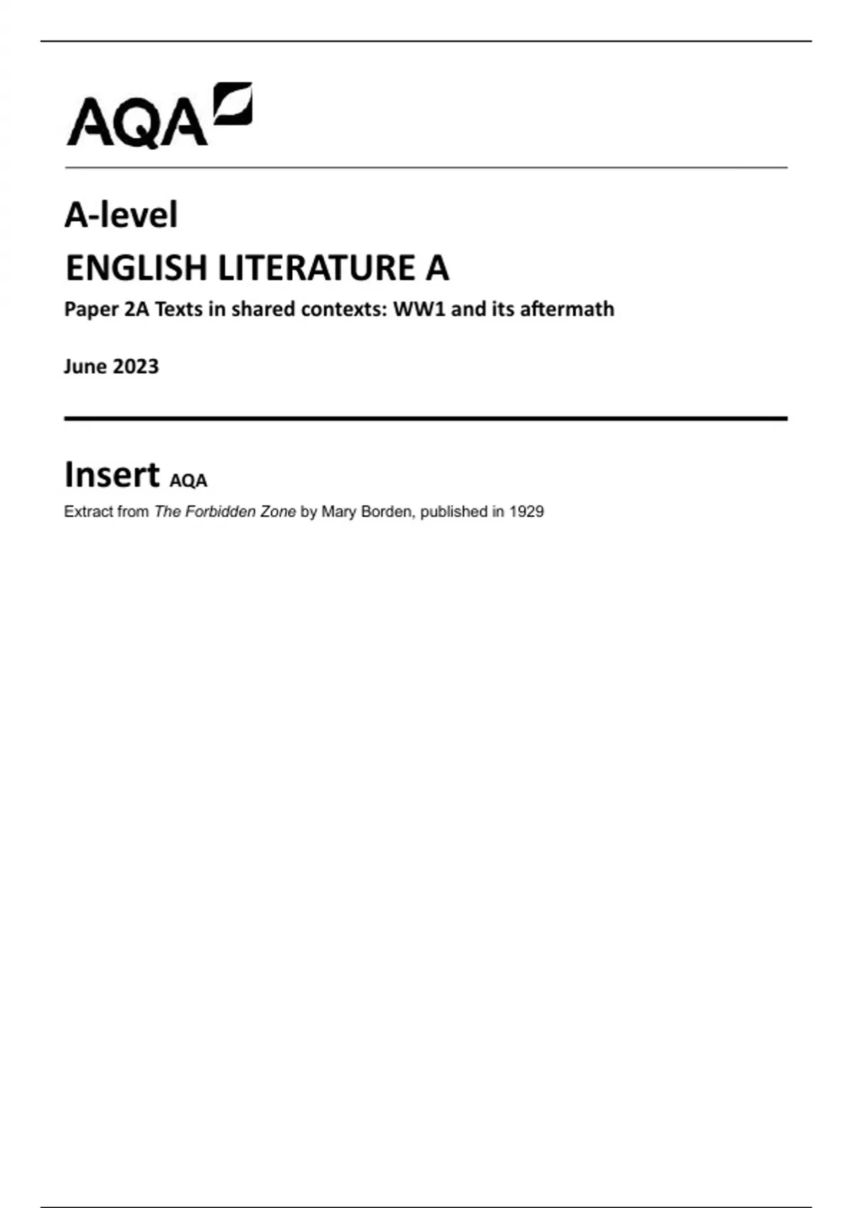 AQA A-level ENGLISH LITERATURE A Paper 2A Texts in shared contexts: WW1 ...