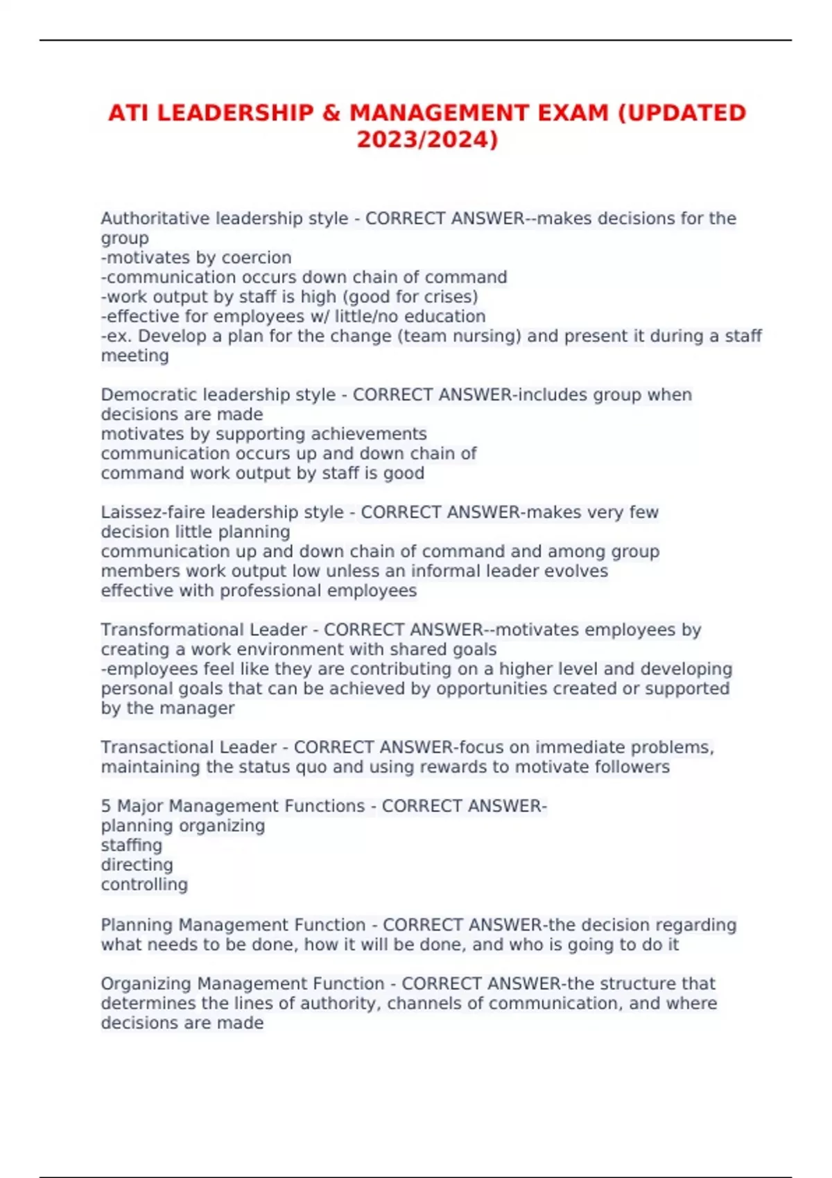 ATI LEADERSHIP & MANAGEMENT EXAM (UPDATED 2023/2024) - ATI LEADERSHIP ...