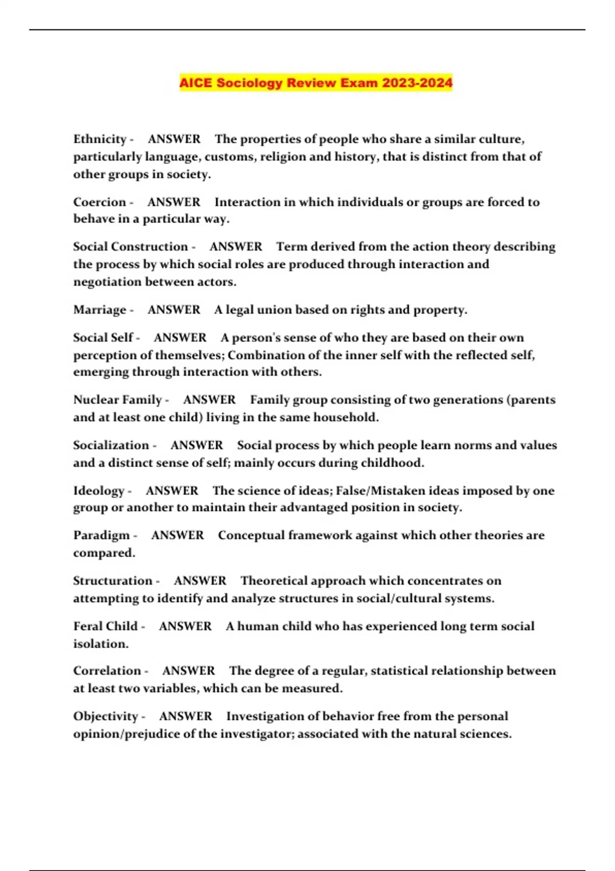 AICE Sociology Review Exam - AICE Sociology - Stuvia US