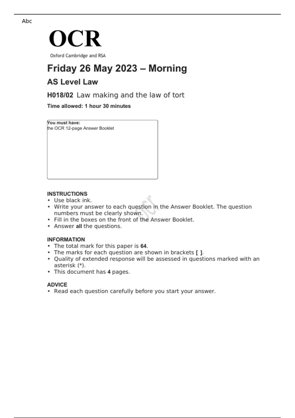 OCR AS Level Law H018/02 JUNE 2023 QUESTION PAPER: Law making and the ...