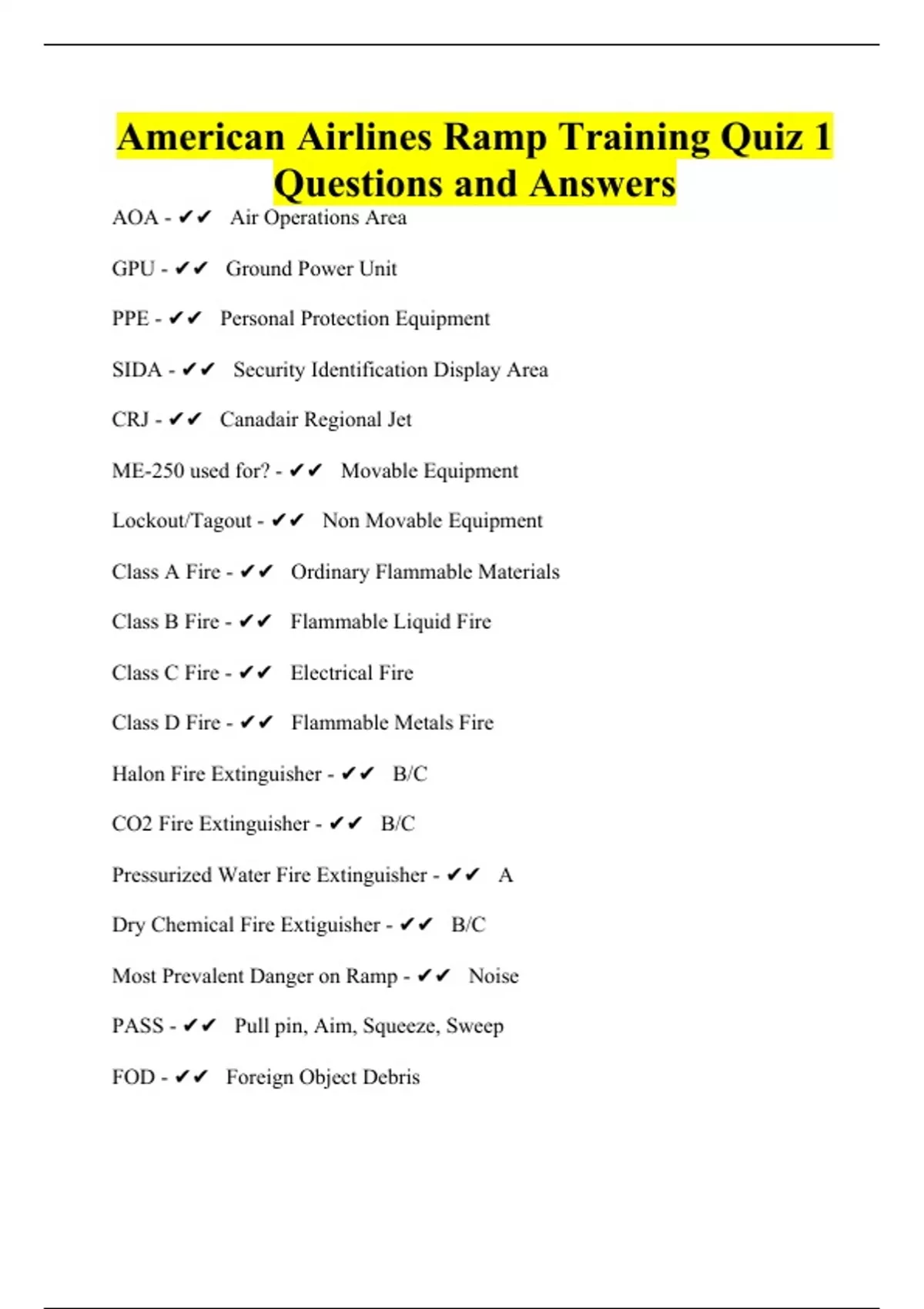 American Airlines Ramp Training Quiz 1 Questions and Answers - American ...