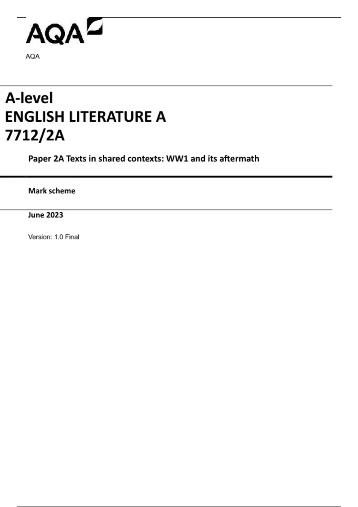 AQA A-level ENGLISH LITERATURE A 7712/2A Paper 2A Texts in shared ...