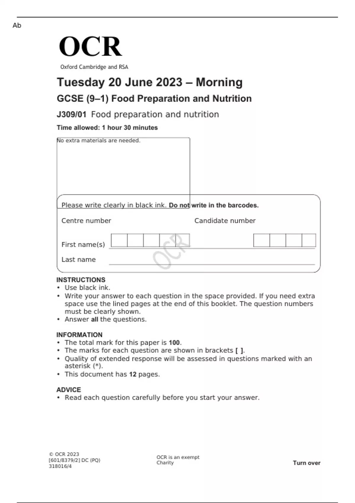 OCR GCSE (9–1) Food Preparation and Nutrition J309/01 JUNE 2023 ...