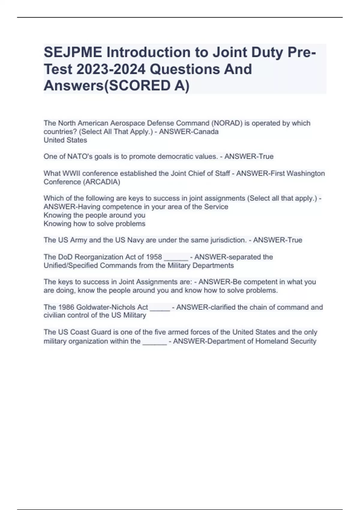 SEJPME Introduction to Joint Duty Pre-Test Questions And Answers(SCORED ...