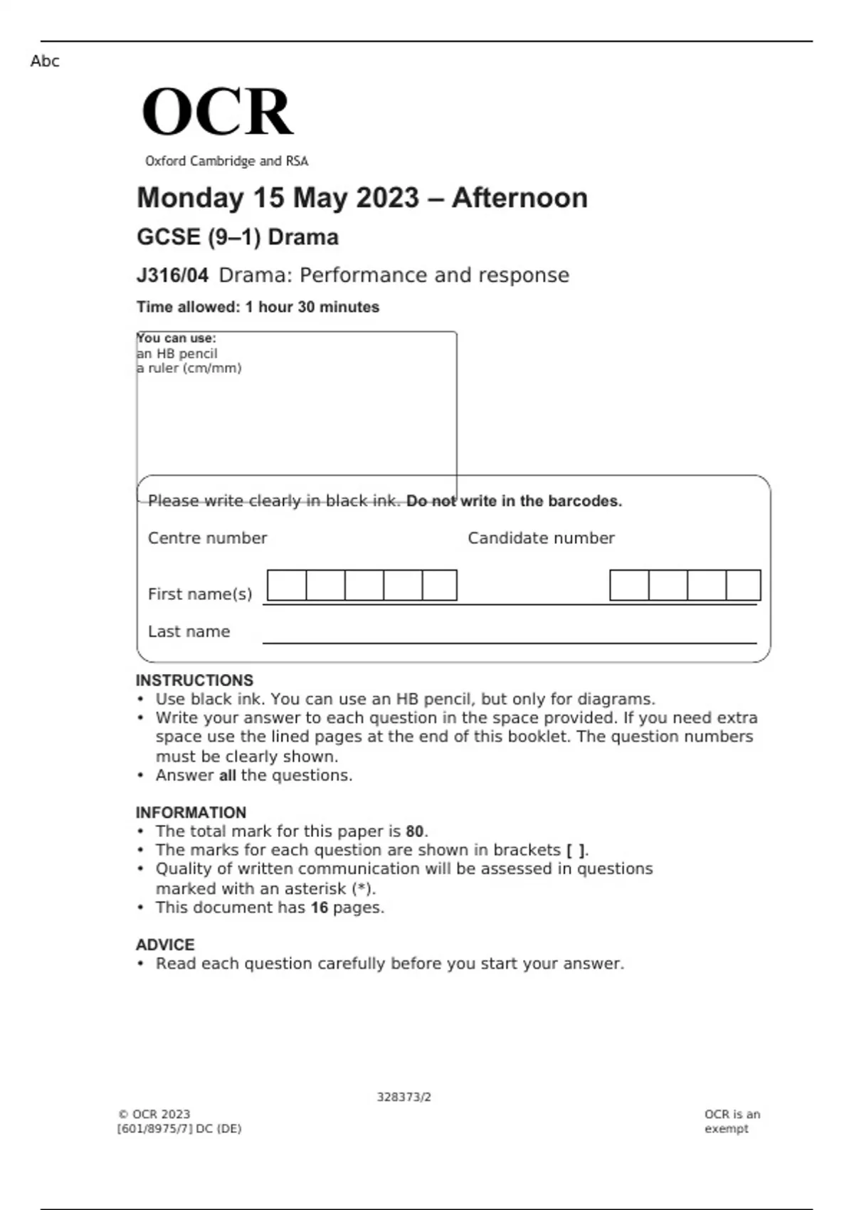 OCR GCSE (9–1) Drama J316/04 Drama JUNE 2023 QUESTION PAPER ...
