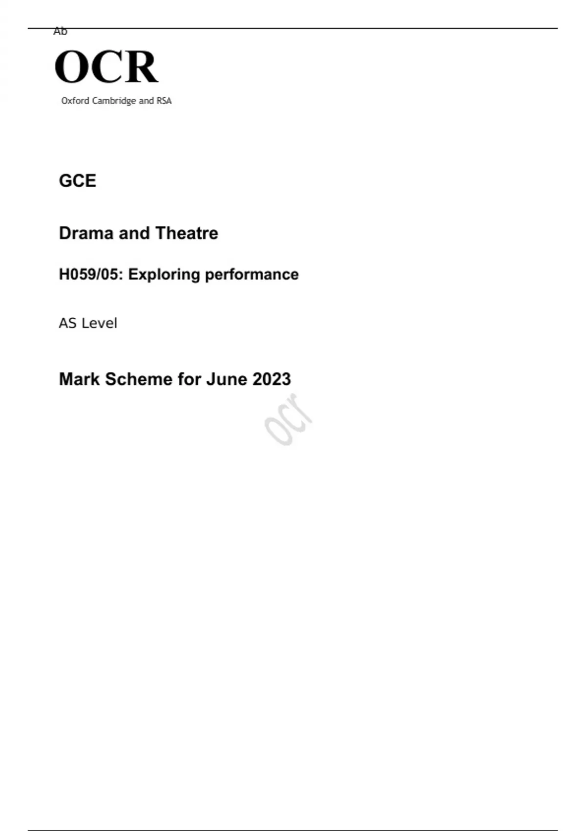 OCR AS Level Drama and Theatre H059/05 JUNE 2023 QUESTION PAPER and ...
