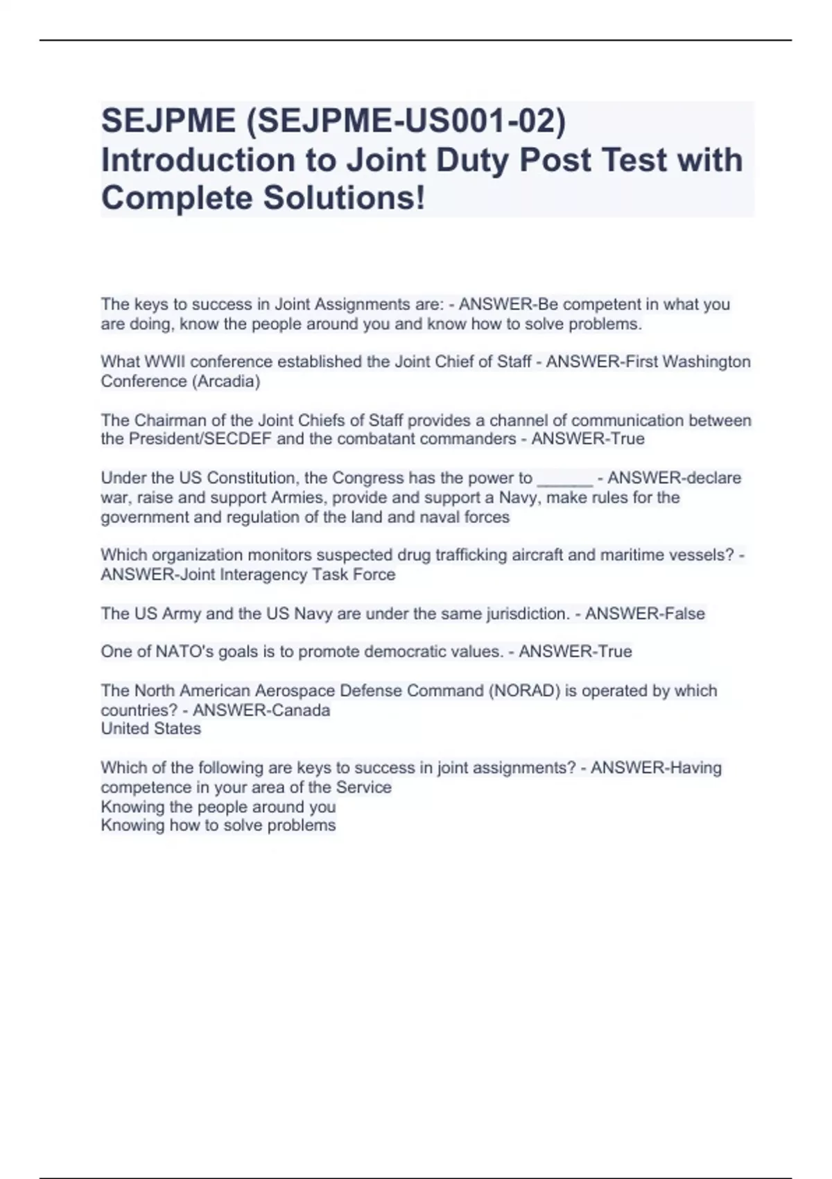 SEJPME (SEJPME-US001-02) Introduction to Joint Duty Post Test with ...