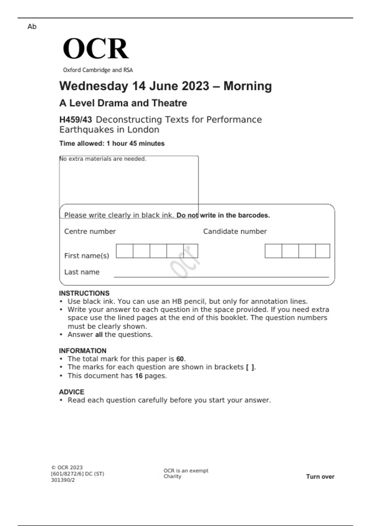 OCR A Level Drama and Theatre H459/43 JUNE 2023 QUESTION PAPER AND MARK ...