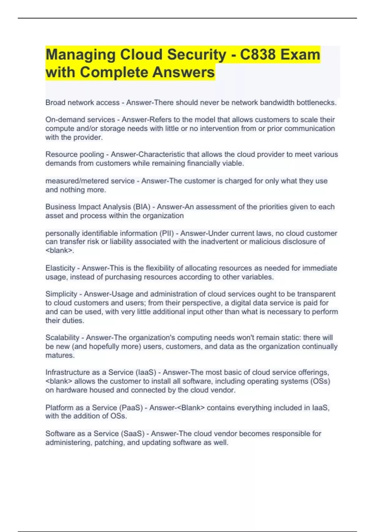 Managing Cloud Security - C838 Exam with Complete Answers - Managing Cloud Security - Stuvia US