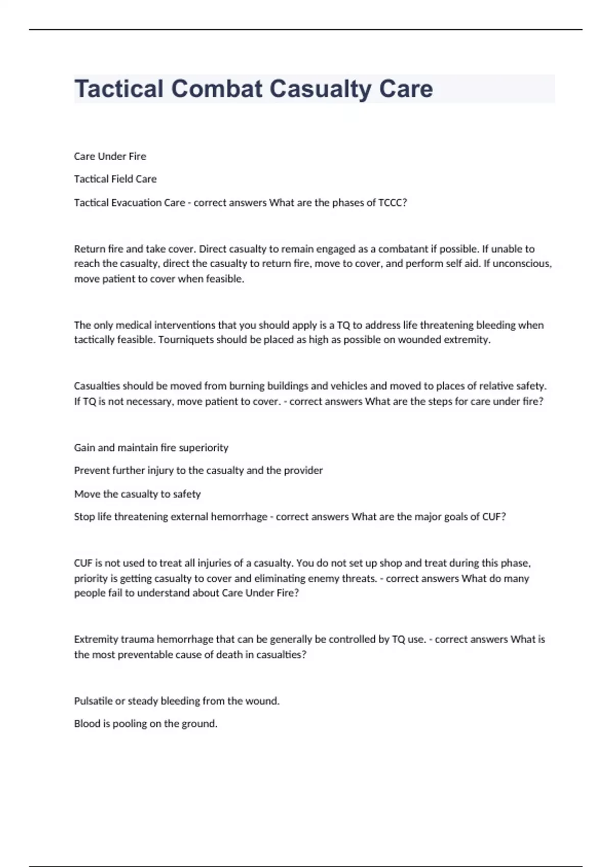 Tactical Combat Casualty Care question n answered graded A+ 2023/2024 ...