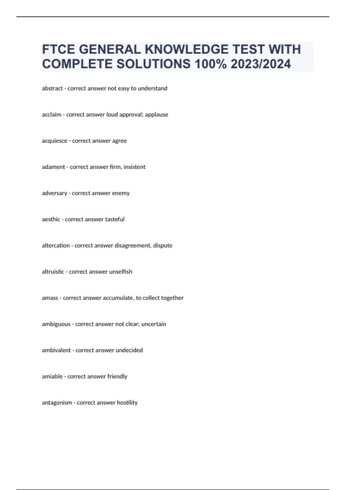 FTCE GENERAL KNOWLEDGE TEST WITH COMPLETE SOLUTIONS 100% 2023/2024 ...