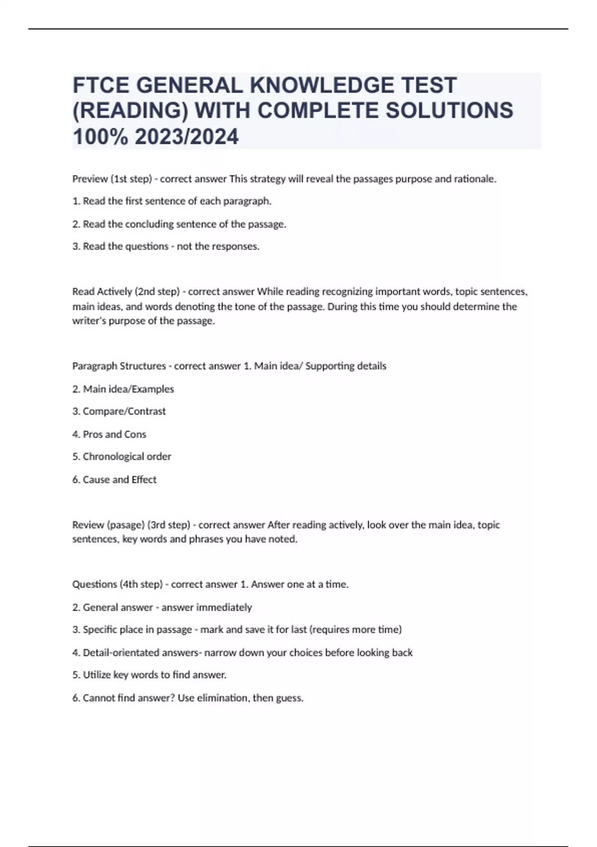 FTCE GENERAL KNOWLEDGE TEST (READING) WITH COMPLETE SOLUTIONS 100% 2023 ...