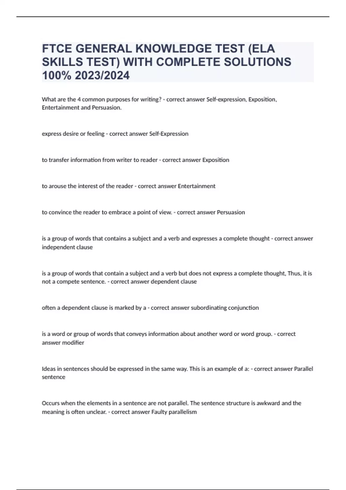 FTCE GENERAL KNOWLEDGE TEST (ELA SKILLS TEST) WITH COMPLETE SOLUTIONS ...