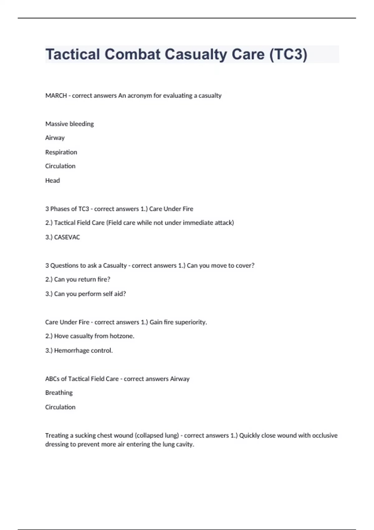Tactical Combat Casualty Care (TC3)fully solved graded A+ 2023/2024 ...