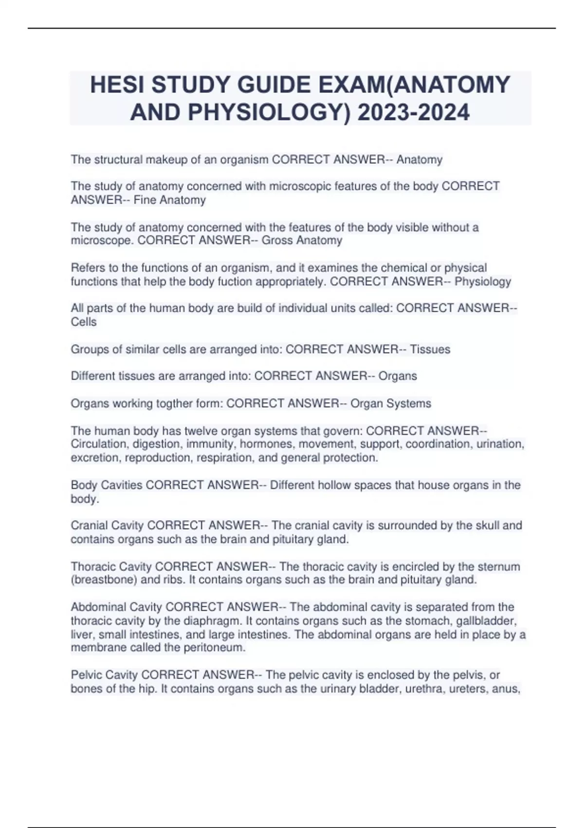 HESI STUDY GUIDE EXAM(ANATOMY AND PHYSIOLOGY) - Anatomy and physilogy ...