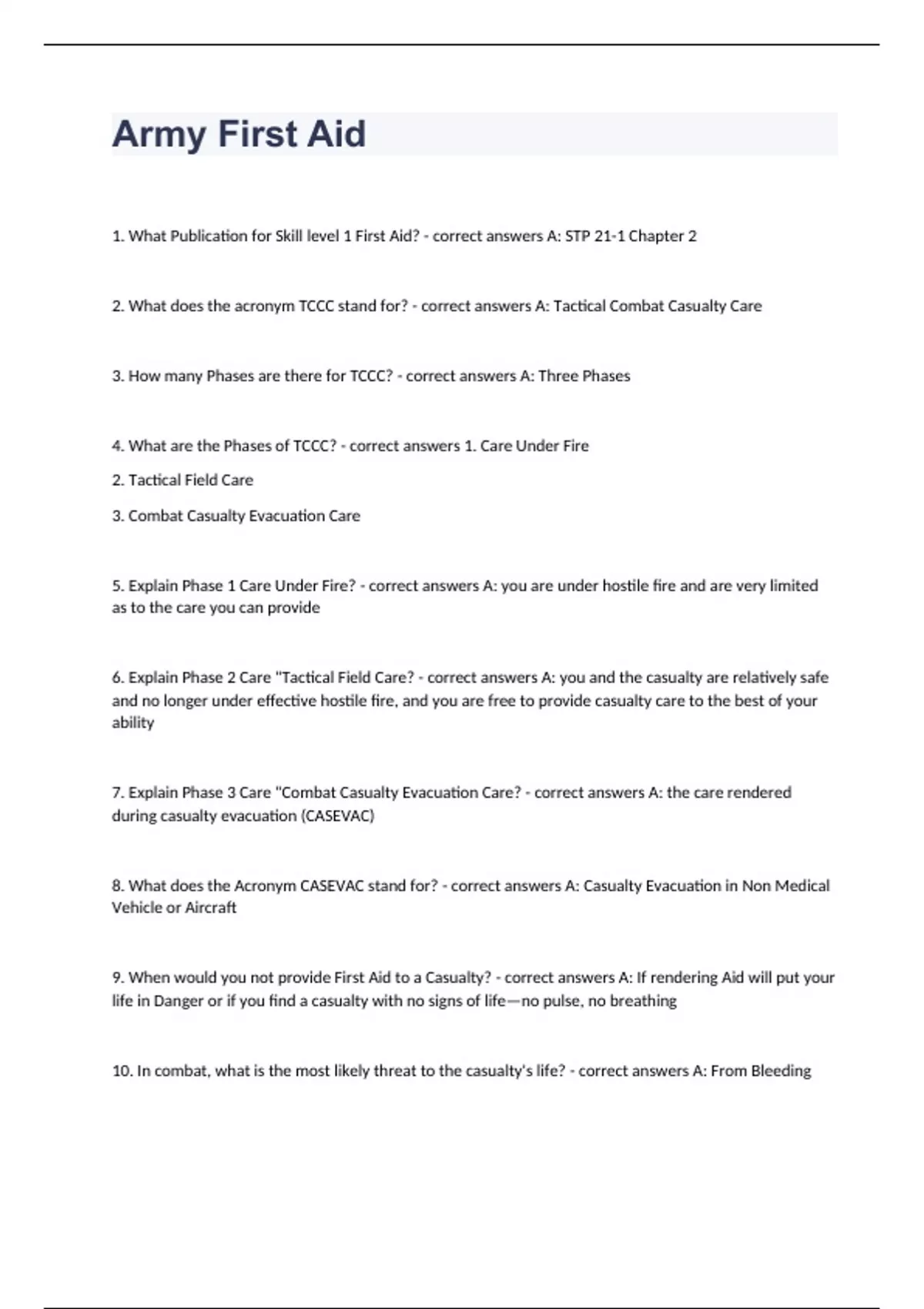 Army First Aid questions with complete solution 2023/2024 - Tactical ...