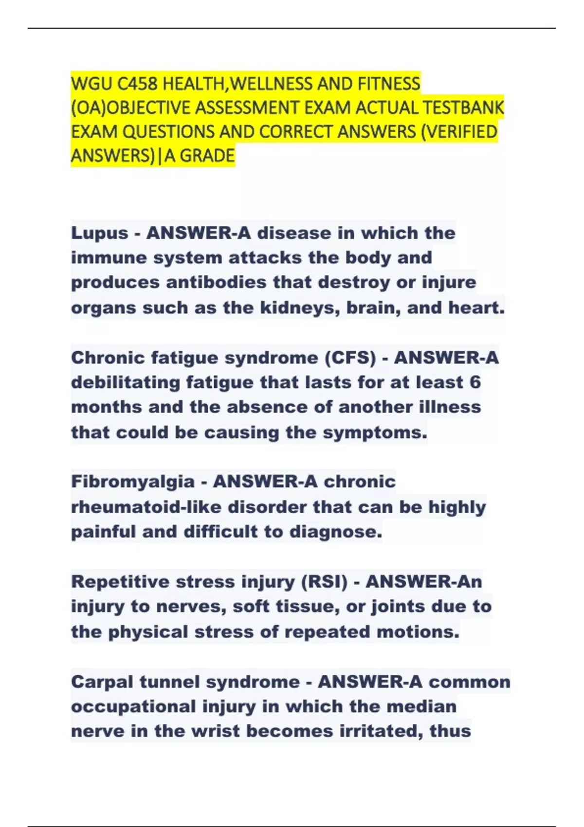 WGU C458 HEALTH,WELLNESS AND FITNESS (OA)OBJECTIVE ASSESSMENT EXAM ...