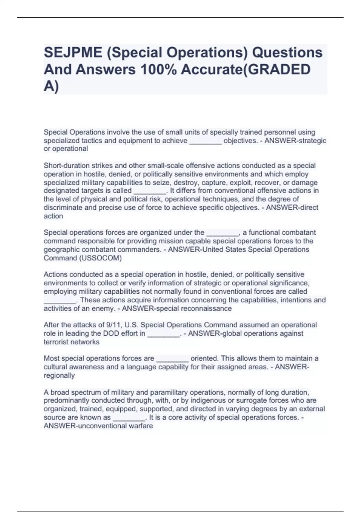 SEJPME (Special Operations) Questions And Answers 100% Accurate(GRADED ...