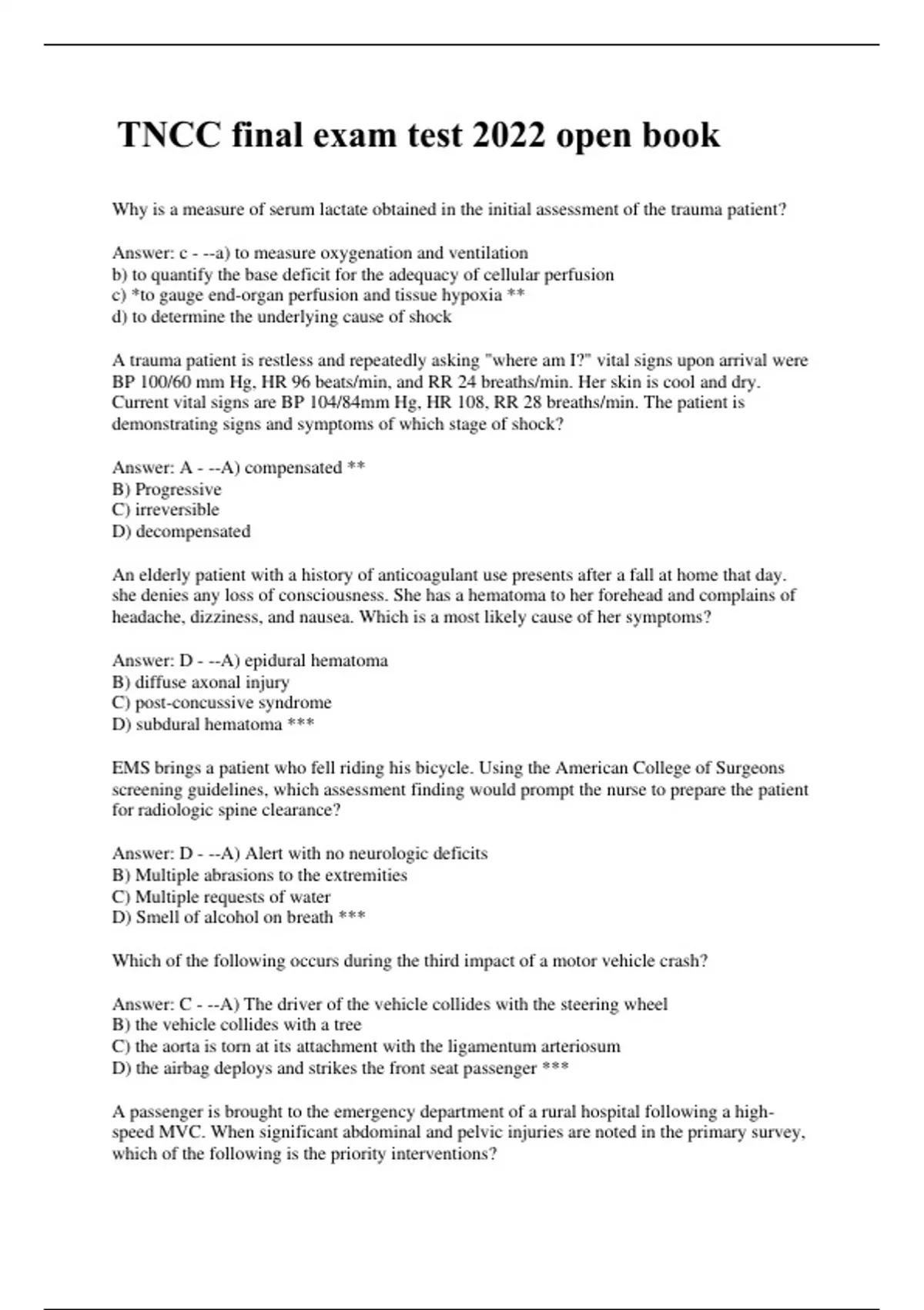 TNCC final exam test 2022 open book - TNCC-Trauma Nursing Core Course ...