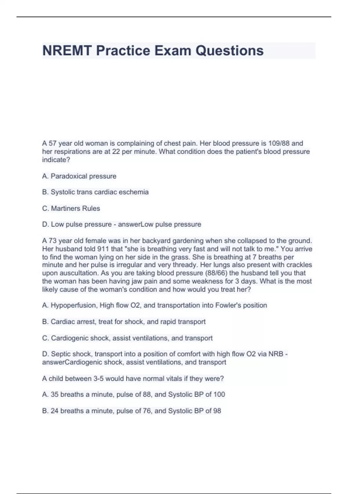 NREMT Practice Exam Questions AND answers 100% correct - NREMT - Stuvia US