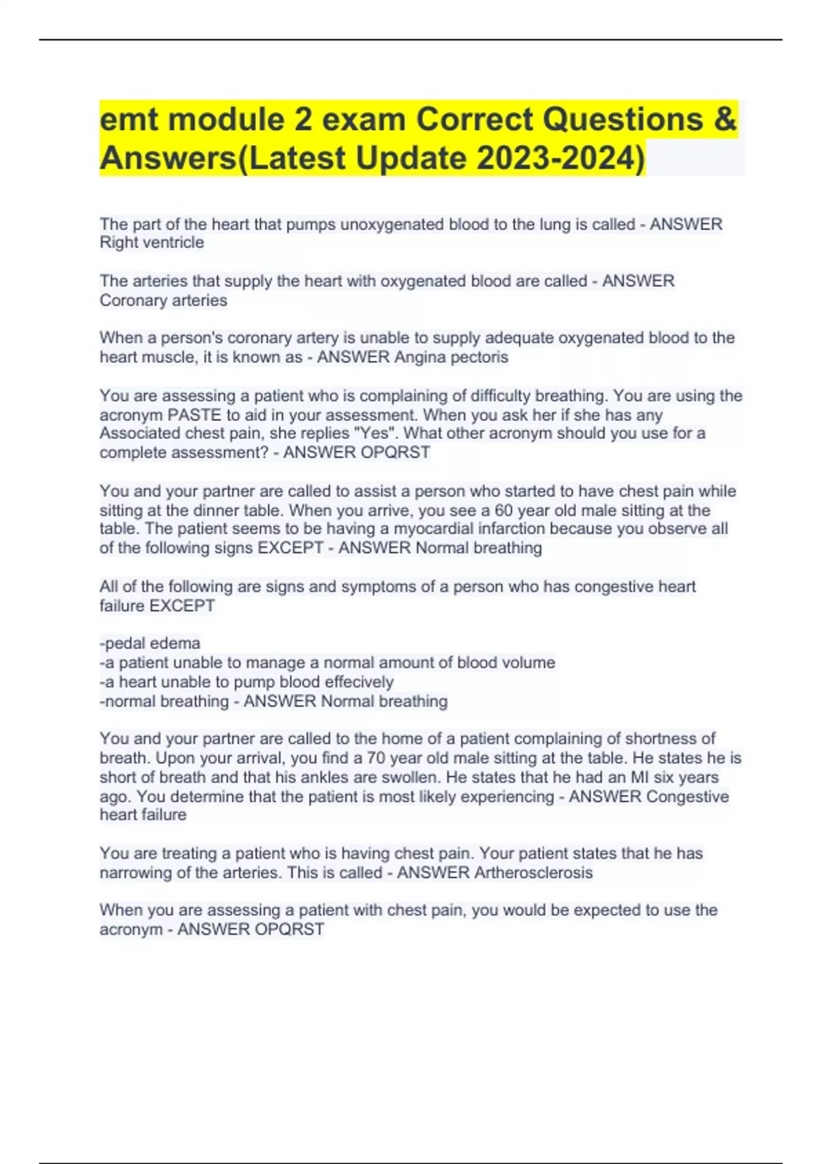 Emt Module 2 Exam Correct Questions And Answers Latest Update Emt Stuvia Us