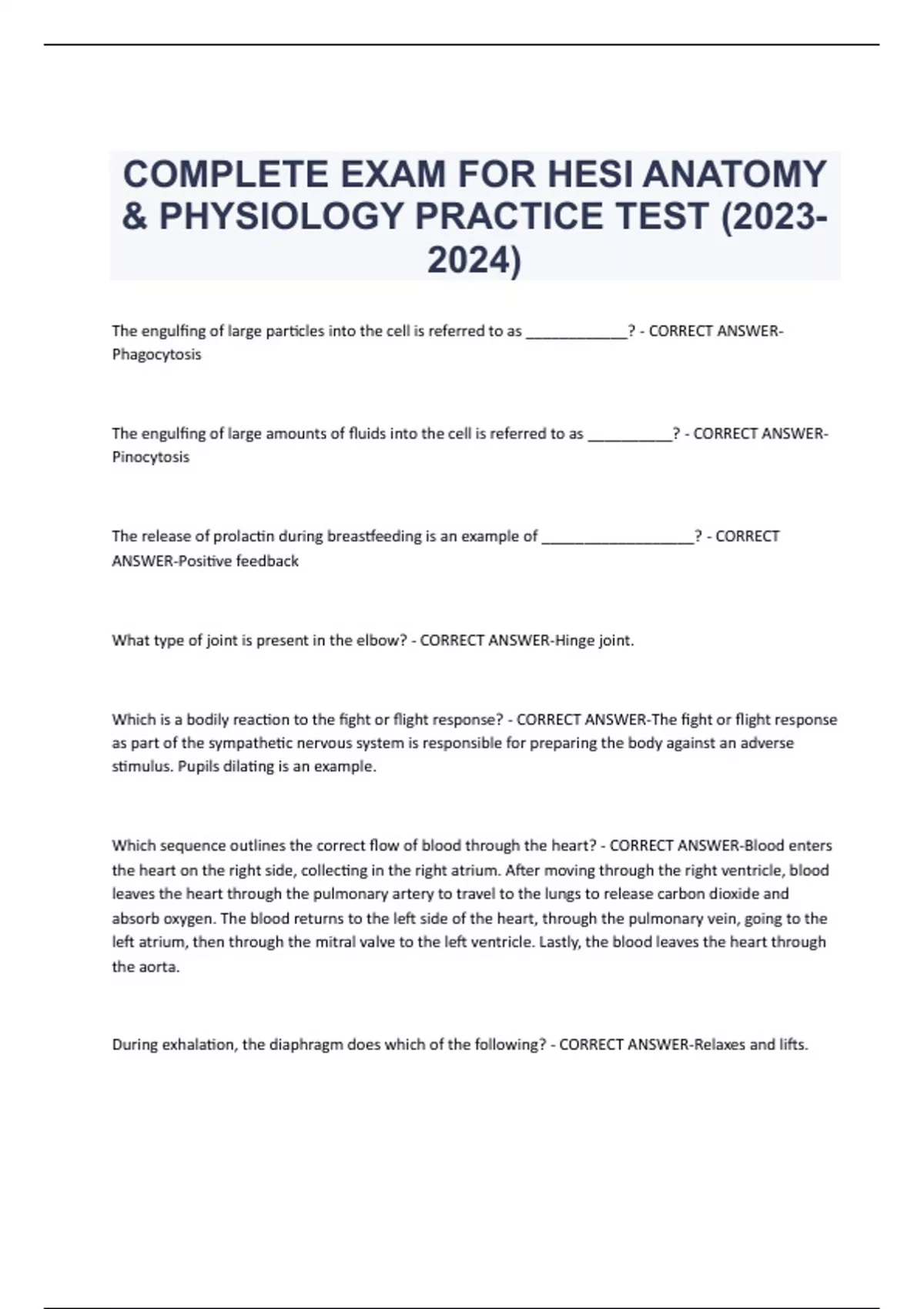 COMPLETE EXAM FOR HESI ANATOMY & PHYSIOLOGY PRACTICE TEST () - Anatomy ...